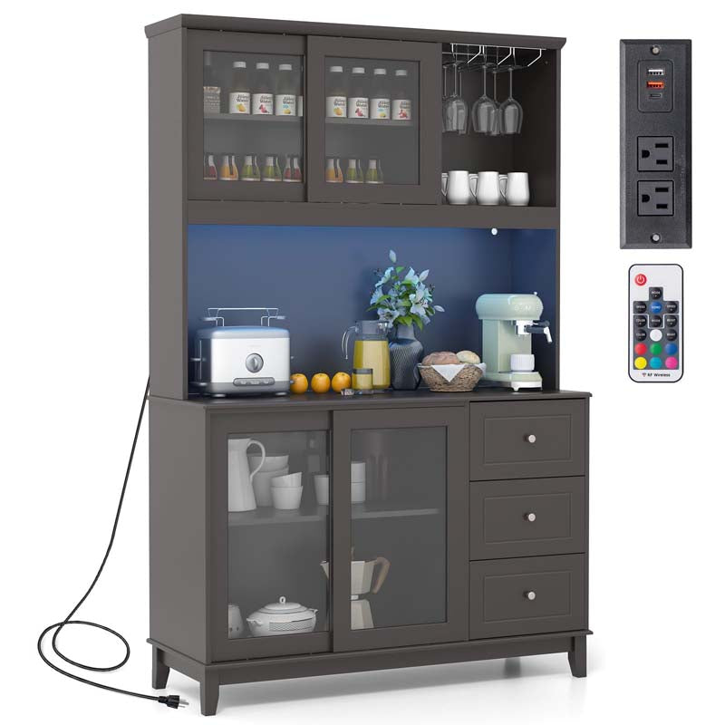 73 inch Kitchen Pantry Storage Cabinet with LED Lights Power Outlet ...