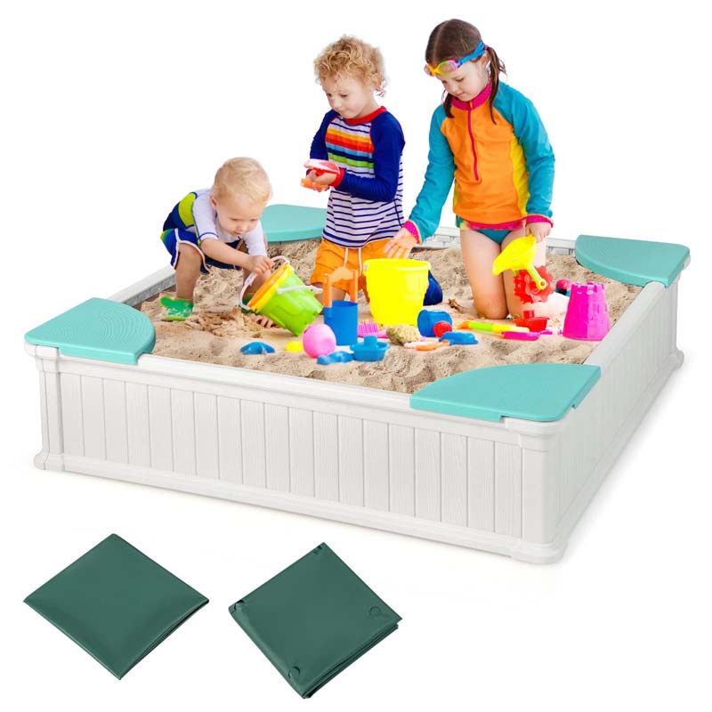 4 x 4 FT Kids HDPE Sandbox with Oxford Cover & 4 Corner Seats Sale ...